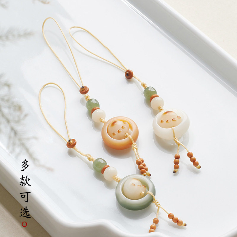 萌系古风白玉菩提根圆环手机链挂绳指环短款手工编织钥匙扣挂饰