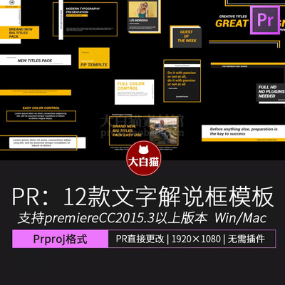 PR文字解说框街访 12款标题字幕条动画UP主视频包装说明介绍模板