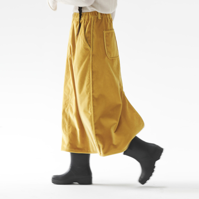复述姜黄色棉质厚密质感平绒后开叉裙 复古全松紧腰A字半身裙