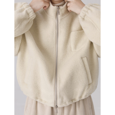 复述 绵羊毛混纺圈圈毛【肉实手感】加厚浅黄拉链宽松型短大衣