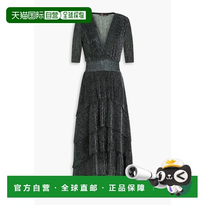 1h可退 香港直邮Maje 女士 荷叶边金银锦缎中长连衣裙 MFPRO02913