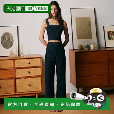 自营欧洲直邮Sezane FAUSTO女士海军蓝亚麻阔腿裤休闲裤