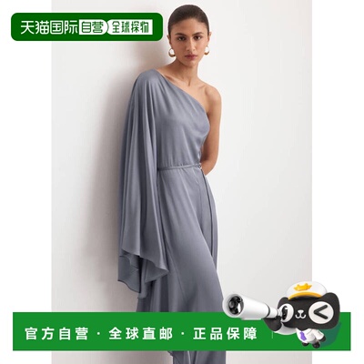 自营欧洲直邮MANGO 女士蓝色粘胶纤维不对称喇叭袖连体裤