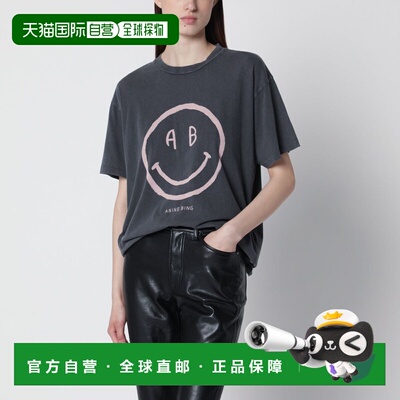 1h可退 香港直邮ANINE BING 女士 CADE 微笑印花棉质水洗灰色T恤