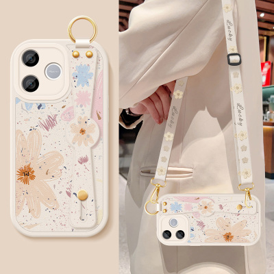 适用荣耀Play11Plus手机壳防摔Honor Play10C彩色花小羊皮保护套Play10T软胶全包边斜挎腕带背带挂绳挂脖新款