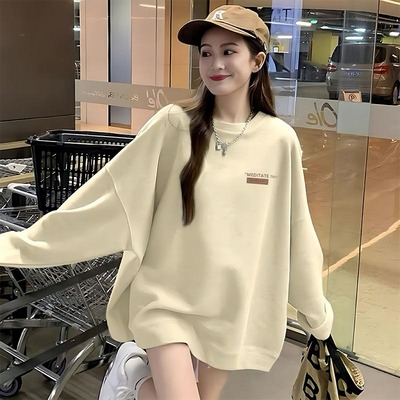 杏色薄款圆领卫衣女春秋季2026年新款韩版宽松加绒无帽洋气上衣服