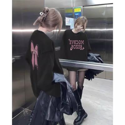 黑色圆领oversize卫衣女设计感小众春秋2025新款美式复古宽松上衣