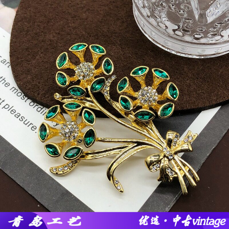 法式中古vintage胸饰西洋宫廷风胸花镂空镶钻祖母绿宝石胸针别针