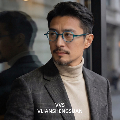 VVS眼镜小众设计老花镜男湖蓝圆框防蓝光可配度数商务休闲款76815