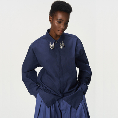 CNEW2025AW 苗疆星穹 民族风 新月月牙银饰流苏民族棉麻混纺衬衫