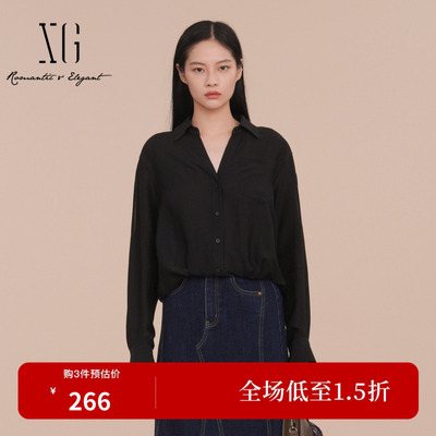 XG雪歌XK121023A490黑色抽褶长袖衬衫2026春季新款翻领休闲上衣女