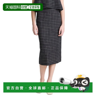 自营Vince Linen-Blend Trellis Plaid Pencil Skirt - black 美