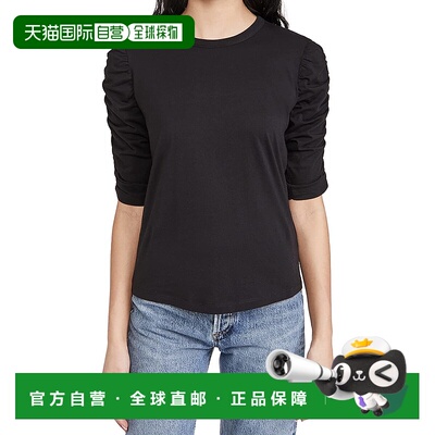 自营 Veronica Beard Jean 女式 Waldorf T 恤，黑色 3/4 褶皱袖