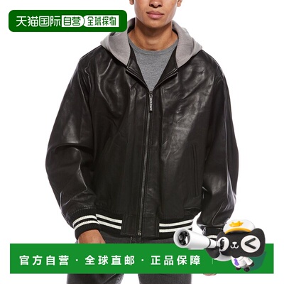 自营Palm Angels Curved Logo Leather Bomber Jacket - black 美