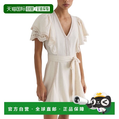 自营reissReess Opal英式刺绣束带亚麻混纺蓬松连衣裙-奶油色 美