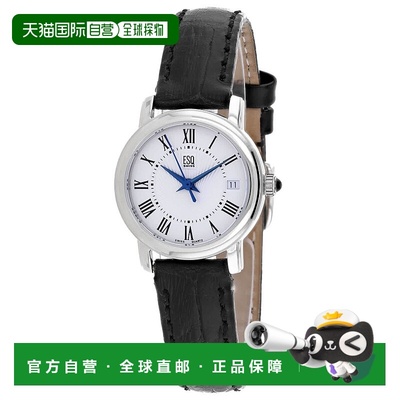 自营ESQ女式黑色皮革银色不锈钢石英白色表盘手表-白色 美国奥莱