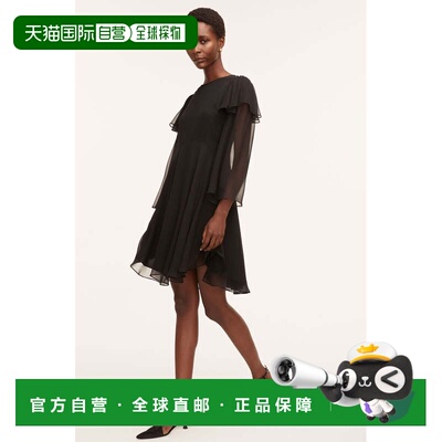自营rebecca taylorRuffle Silk Chiffon Dress - black 美国奥莱