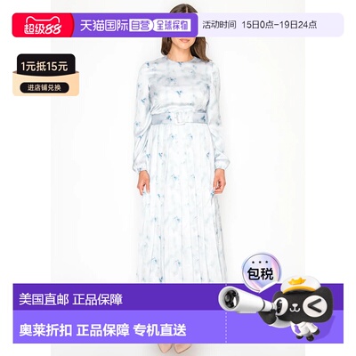 自营yal new yorkBlue Floral Pleated Dress with Belt - blue