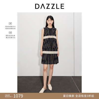 DAZZLE地素奥莱无袖连衣裙女夏季圆领设计感褶皱假两件式中裙