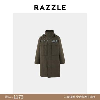 RAZZLE地素男装工装风衣冬季深绿色斜纹夹克外套