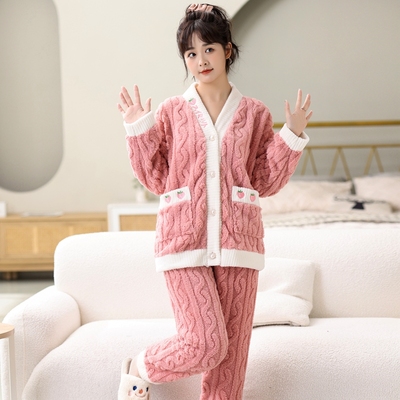 女士法兰绒圣诞节红色睡衣套装