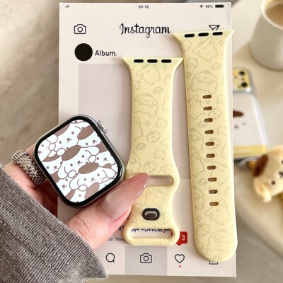 布丁狗适用iwatchs12/11/10苹果手表表带SE硅胶Applewatchs9奶黄8