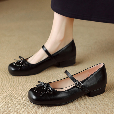 小码复古风黑色蝴蝶结玛丽珍鞋女