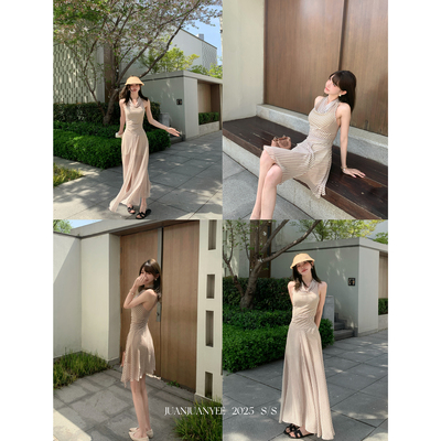 juanjuanyee澳代Becbridg*私服·荡领无袖斜裁条纹气质连衣裙