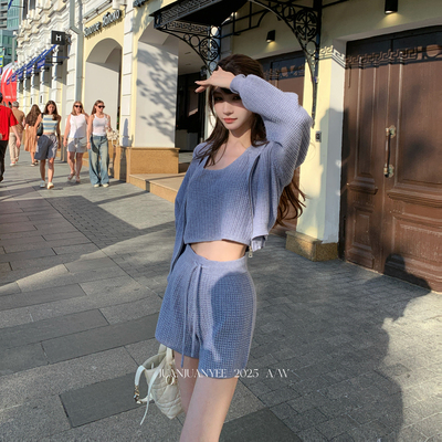 juanjuanyee【al0私服】新贵松弛48支华夫格毛衣连帽外套裤子套装