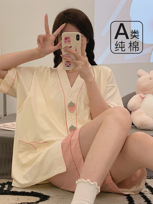 哺乳睡衣夏短袖短裤纯棉A类带胸垫孕妇月子服夏薄款两件套装大码