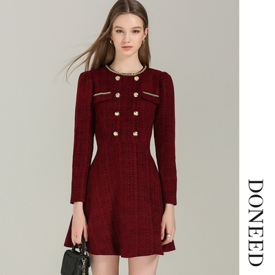 呢绒质感圆领长袖小香风连衣裙女