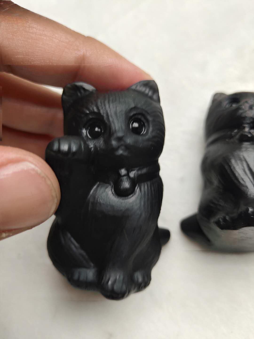 天然黑曜石招财猫雕刻件 手把件 家居饰品水晶雕件招财猫左右对称