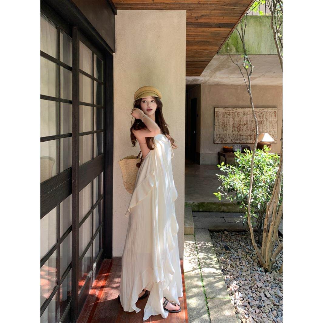 纯欲露背挂脖吊带连衣裙女夏季慵懒度假风长裙子荷叶边宽松a字裙