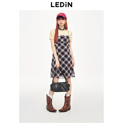 乐町2024夏季新款法式复古格纹吊带连衣裙C2FAE2172