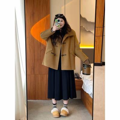 梵朵大码女装16282秋冬胖mm韩系气质短款牛角扣宽松大衣高级外套