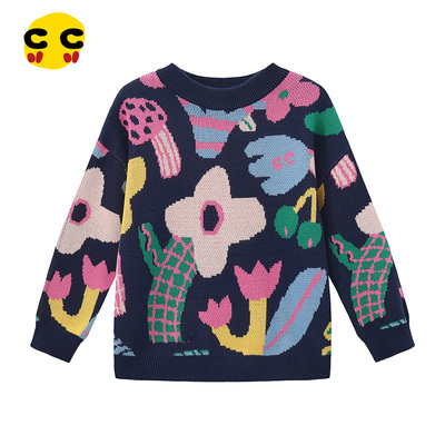 clanc潮牌童装25冬季新品女童甜美可爱花朵圆领长袖保暖针织毛衣