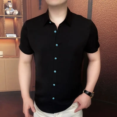 男士夏季透气纯色宽松短袖衬衫