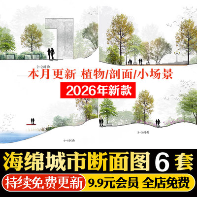 海绵城市园林景观小场景断面区位植物剖面分析图PSD分层设计素材