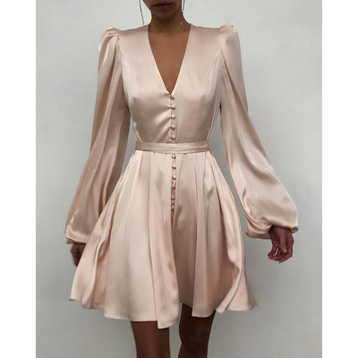 Puff Sleeve Ruched Button Front Shirt Dress灯笼袖连衣裙女