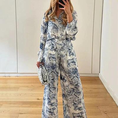 Women's Fashion Printed Collared Shirt Two-Piece Set时尚套装