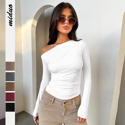 2025 Women T-shirt Oblique Collar Open Shoulder Long Sleeve