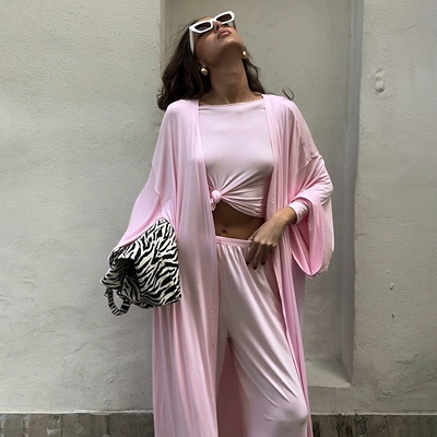 纯色上衣长裤开衫三件套 Top, Pants, and Cardigan 3-Piece Set