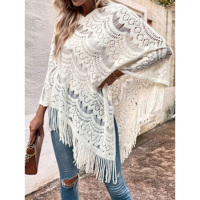 2024 Female Fashion INS Irregular Tassel Lace Sweater Shawl