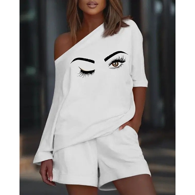 Eyes Print Casual Top & Shorts Set休闲印花休闲两件套装夏季