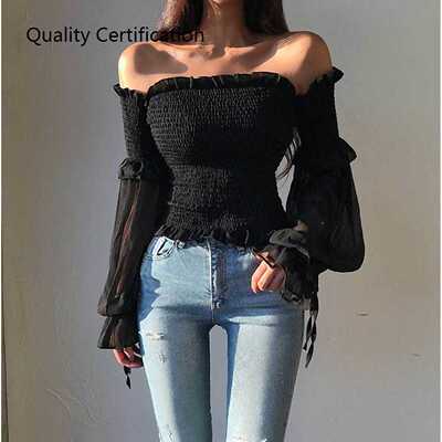 Sleeve Off Shoulder Cropped Tops Blouse Shirt Lace Up Corset