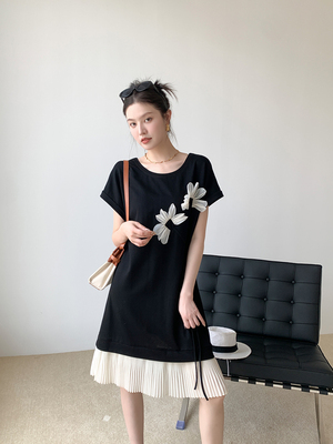 K姐KSOEUR【重工花朵裙】冰爽棉针织立体花拼接百褶连衣裙女