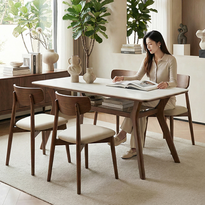 中古风实木岩板长方形餐桌家用桌