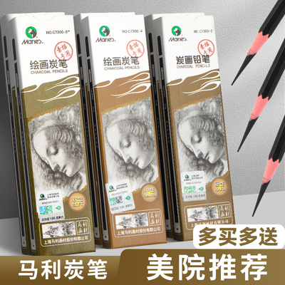 马利炭笔美术生专用软炭中炭硬碳特软铅笔白色12b14b16b工具套装初学者学生绘画画中艺联考中硬碳笔木炭条