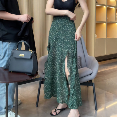 绿色碎花开叉设计半身裙女2026春
