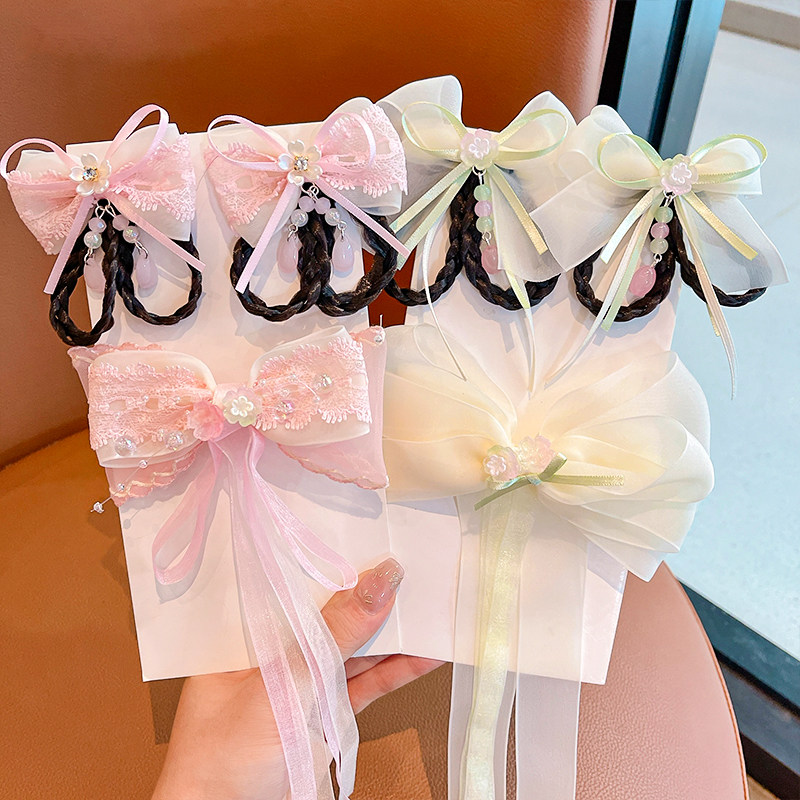 儿童古风汉服发夹女童超仙蝴蝶结假发辫头饰女孩古装流苏飘带发卡